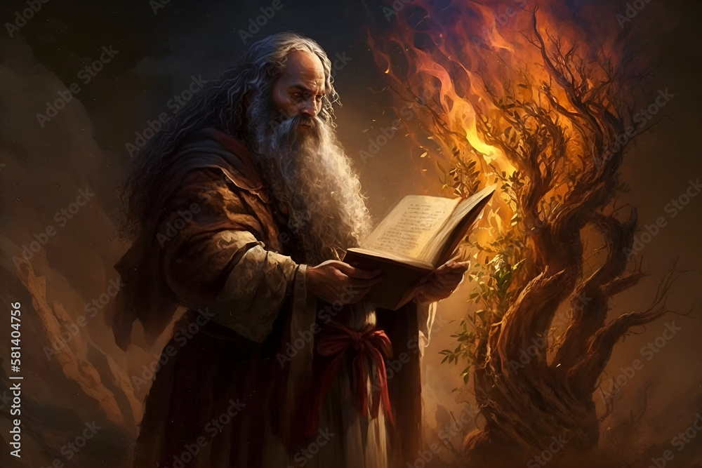 Moses with the burning bush, old Testament and Jewish Torah, Book of ...