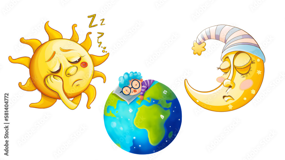 Sleeping sun, sleeping moon, and sleeping world. cartoon art. no ...
