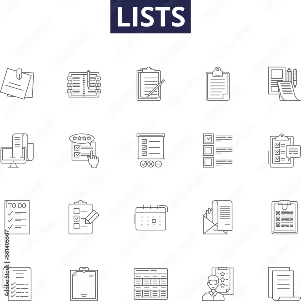 Lists line vector icons and signs. Register, Catalogue, Chronicle ...