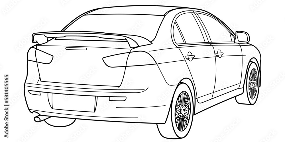 Outline drawing of a sport sedane car from side view. Classic 90s, 00s ...