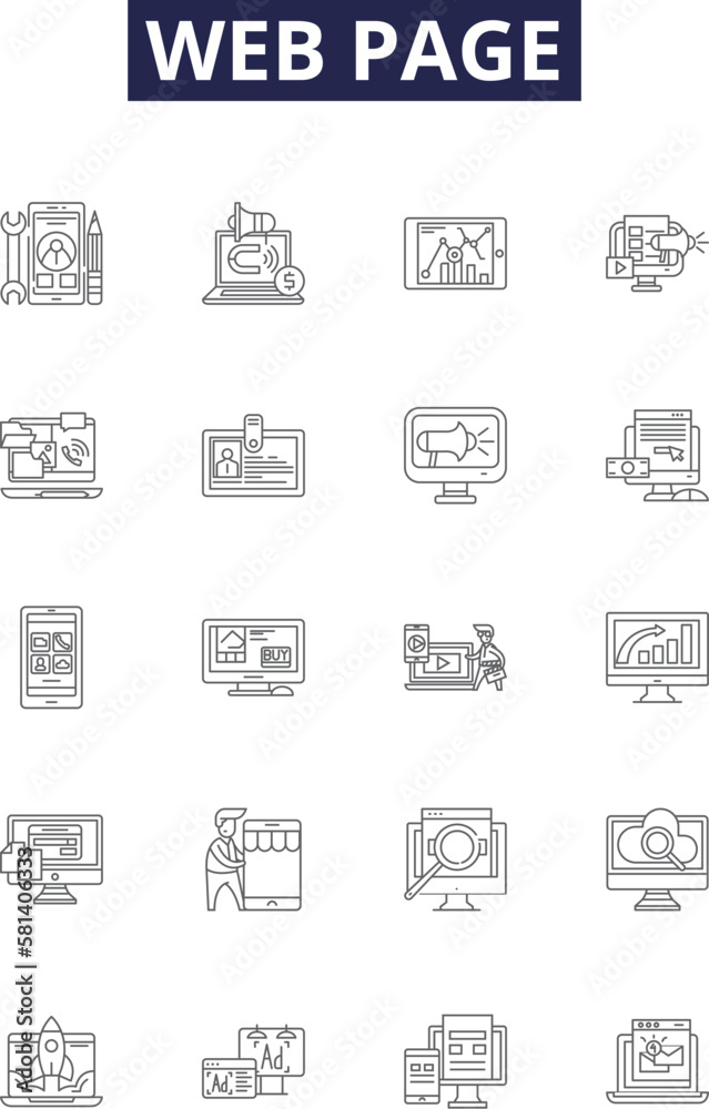 Web page line vector icons and signs. Webpage, HTML, Hypertext, Design, Content, Navigation ...