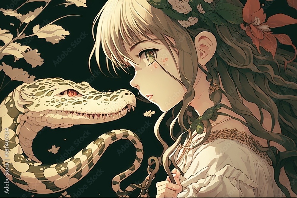 Beautiful girl kissing a snake, manga style Anime character ...