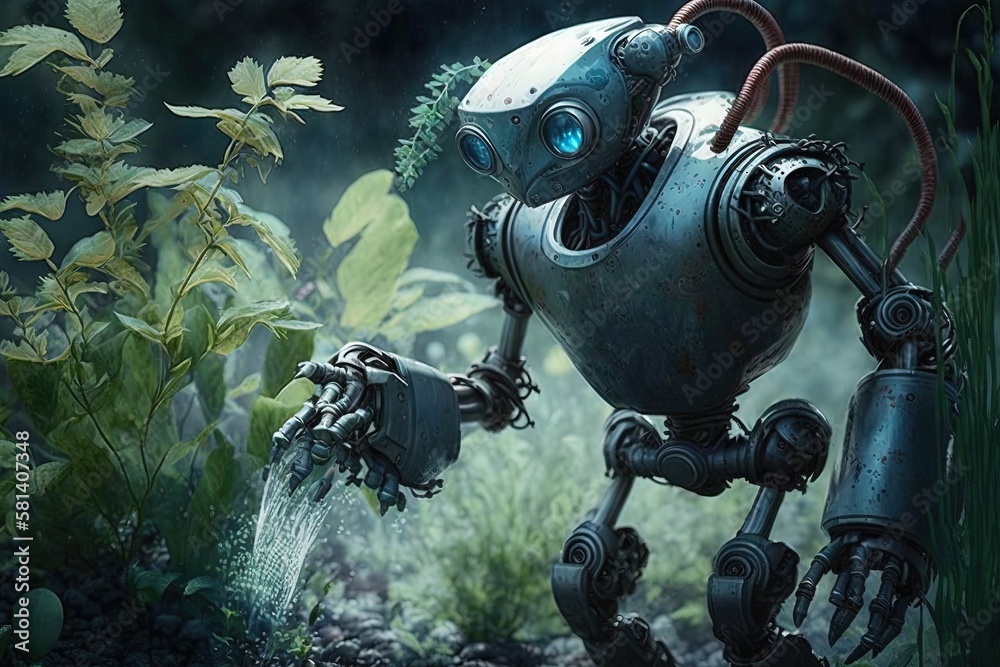 humanoid robot with a watering can for a head, tending to a garden of ...