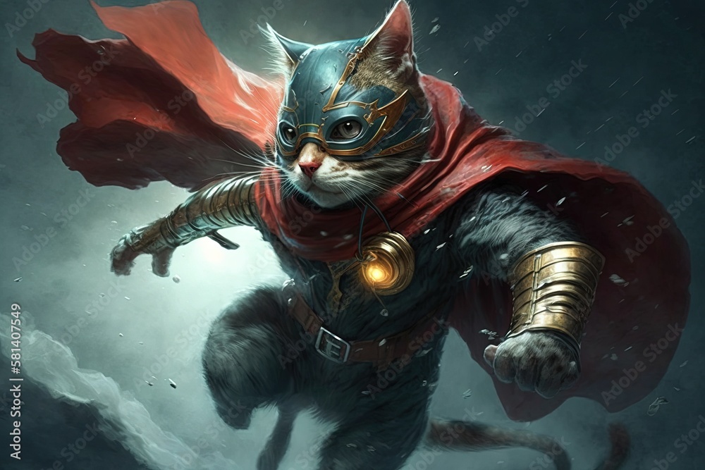 Cat playing the role of a superhero, wearing a cape and mask and using ...