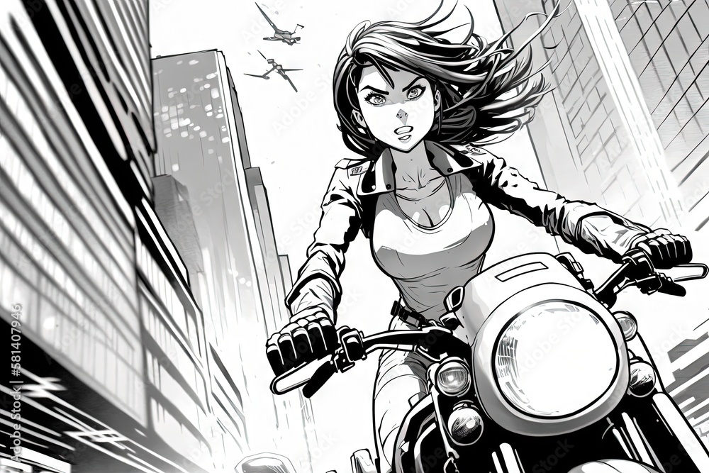 Pretty girl black leather dressed riding a motorbike in the city, manga ...