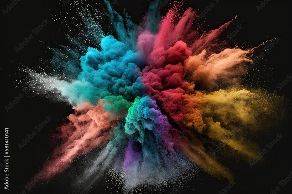 An image of a multicolor powder explosion on a black background, with a ...