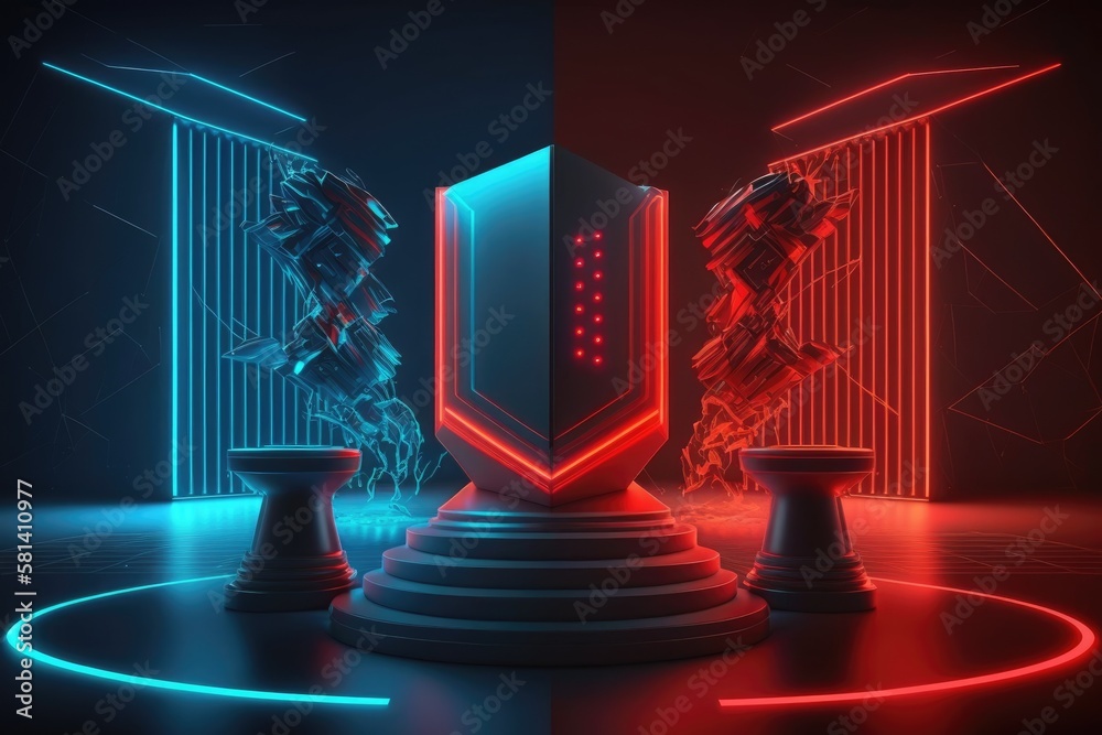 Abstract video game of scifi gaming with a red blue versus e sports ...