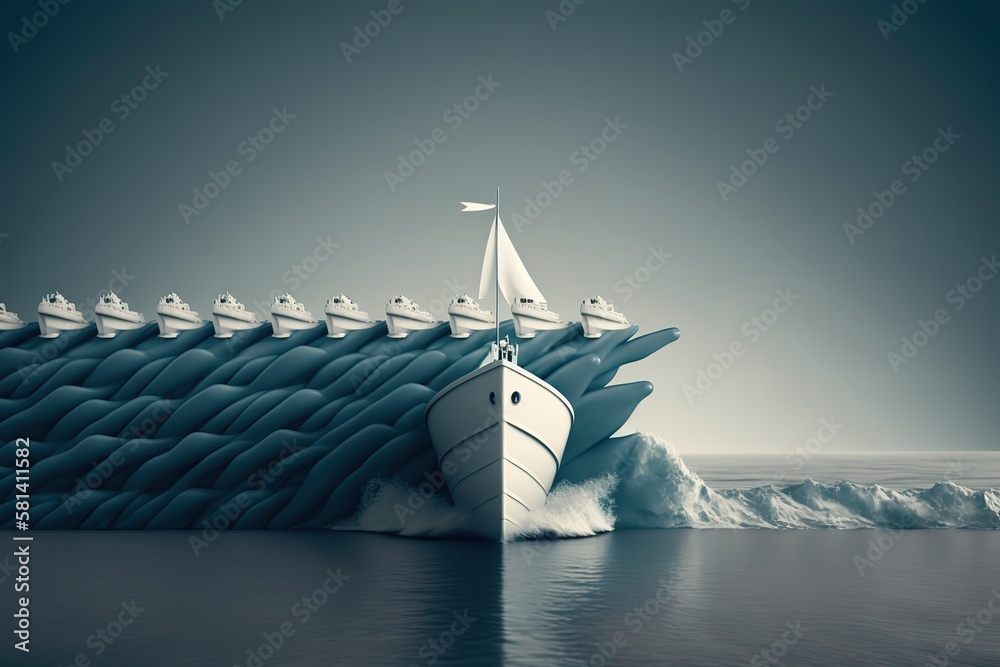 success leadership concept, blue leader boat leading white, strategy ...