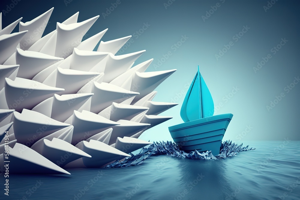 success leadership concept, blue leader boat leading white, strategy ...