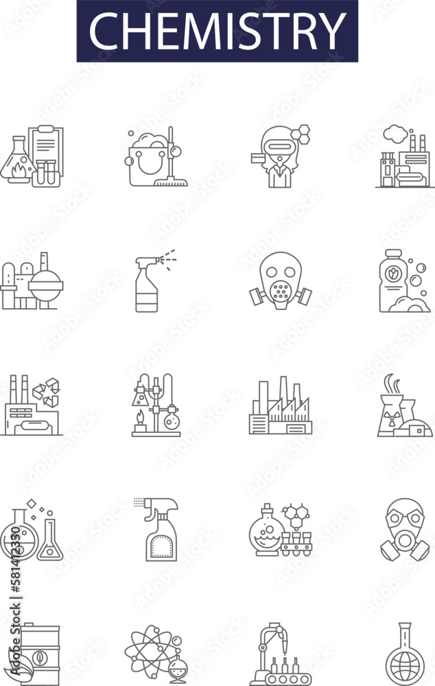 Chemistry line vector icons and signs. Atom, Charge, Compound, Solution ...