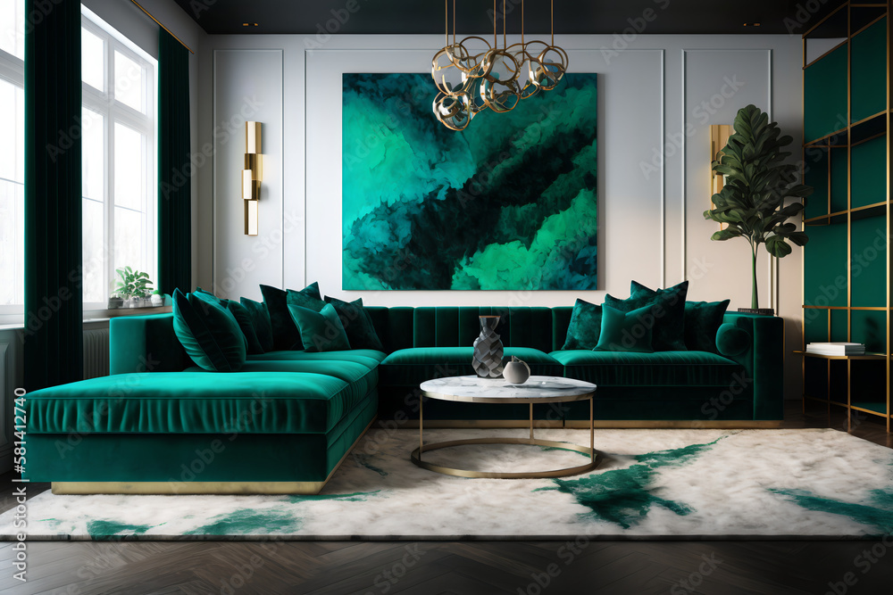 Luxurious living room with a bold emerald green velvet sectional sofa ...