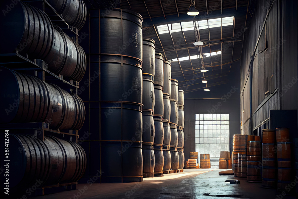 Black casks on pallets in an industrial setting, oil storage facility ...
