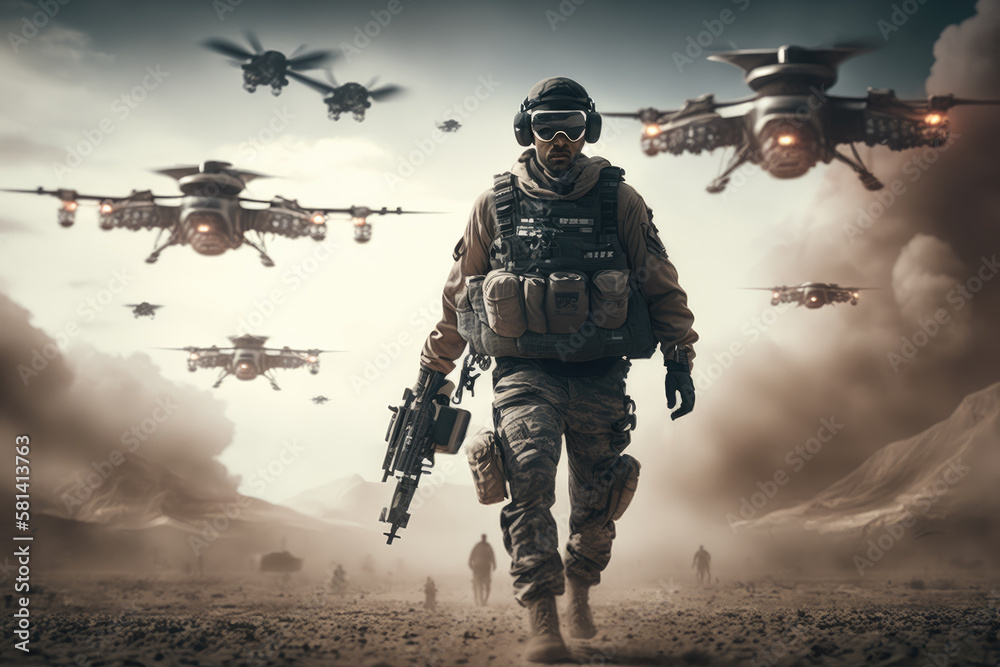 Photo soldier with military drone as weapon in war. generative ai ...