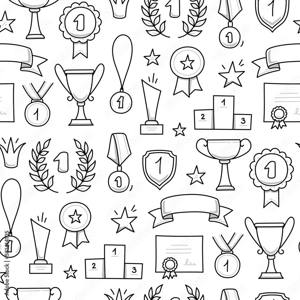 Award doodle hand drawn seamless pattern. Winner trophy cup, champion ...