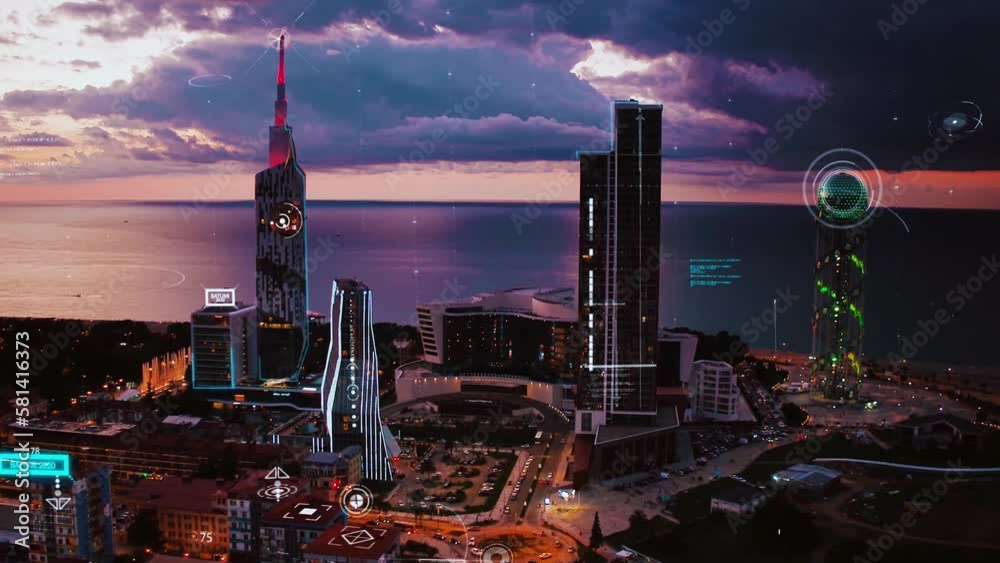 Futuristic city skyline. Big data, Artificial intelligence, Internet of ...