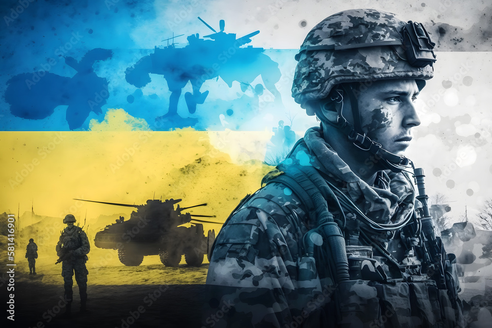 Military soldier on the background of the Ukrainian flag. Neural ...