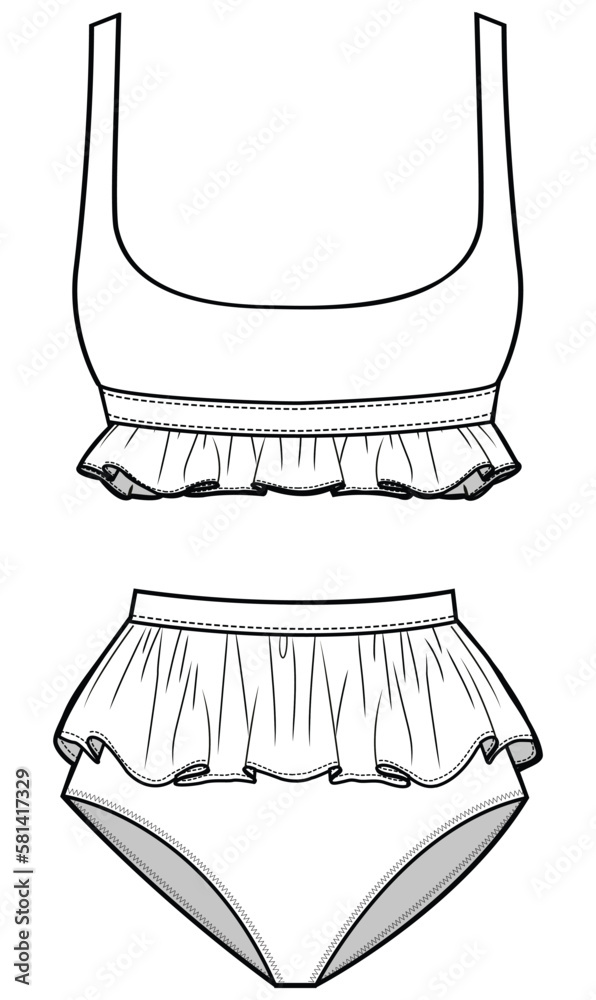 womens high waist scoop neck ruffle bikini set flat sketch vector ...