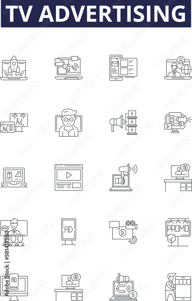 Tv advertising line vector icons and signs. Advertising, Broadcast ...
