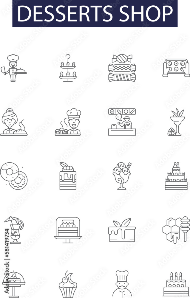 Desserts shop line vector icons and signs. Shop, Cakes, Ice-cream, Pies ...