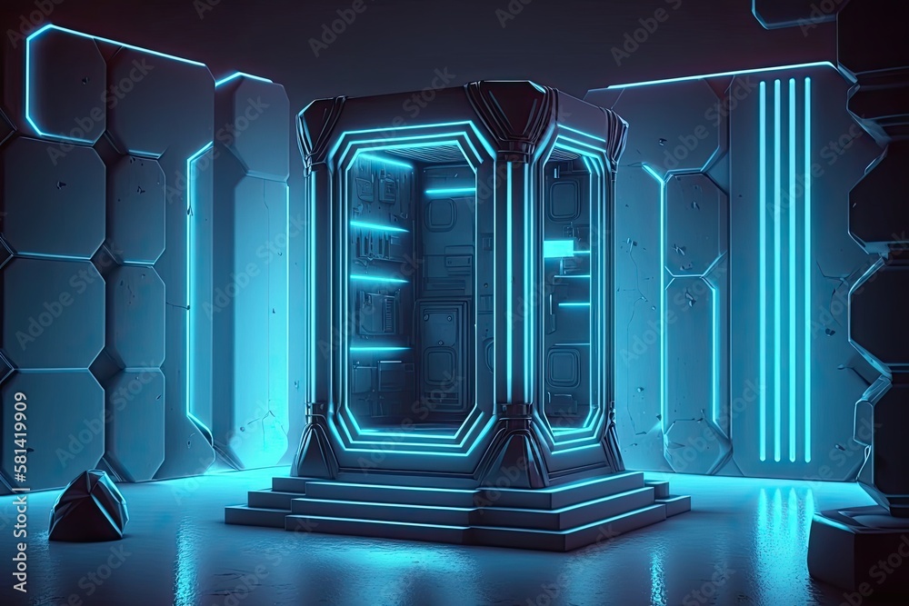 Futuristic neon glow chamber, virtual reality simulation and metaverse ...