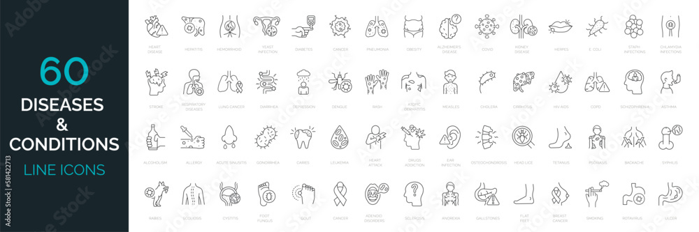 Set of 60 line icons related to diseases, illness, condition. Common ...