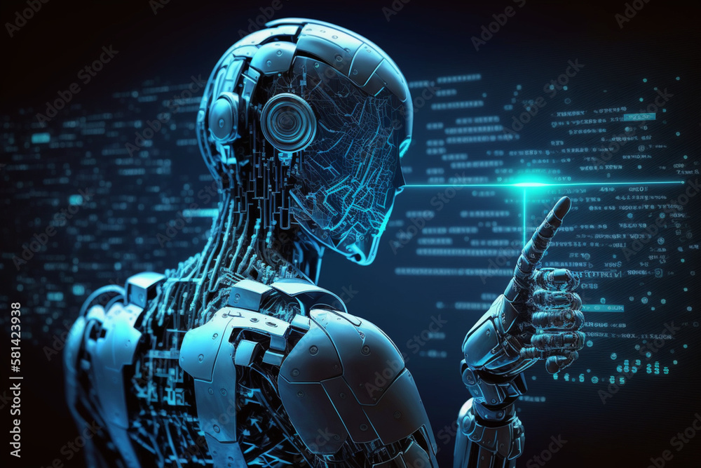 Cyber digital world android robot pointing finger computer coding AI chatbot background ...