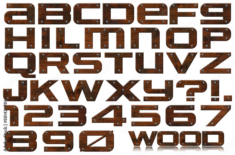 Wooden alphabet letters and numbers, with screws, isolated on white or ...