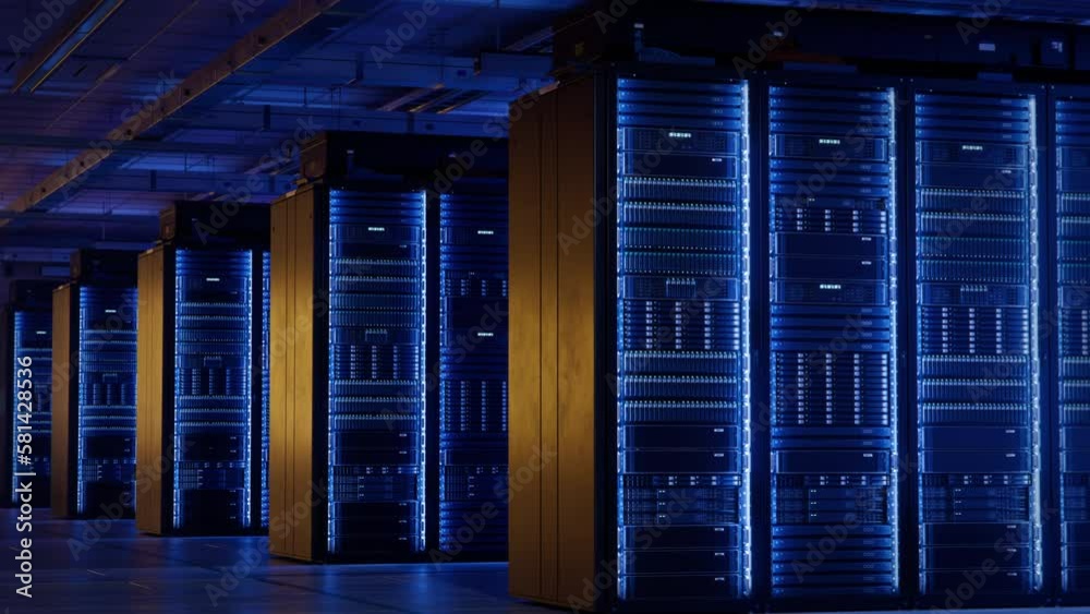 Supercomputer and Advanced Cloud Computing Concept. Inside Large Working Data Center with Rows ...