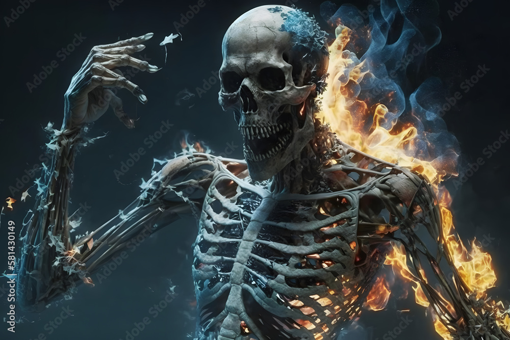 Scary skeleton on fire. Neural network AI generated art Stock ...