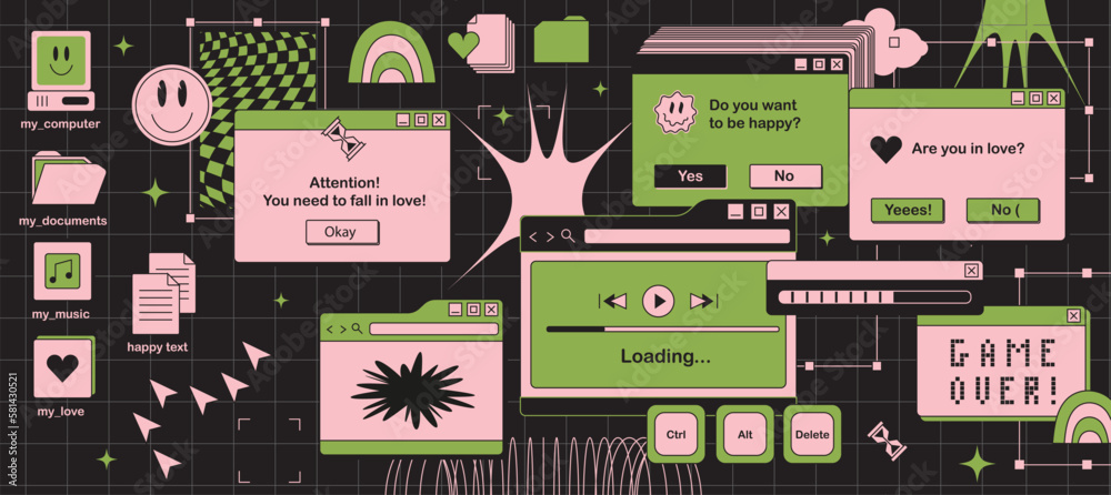 The screen of an old retro PC in the y2k style. Retro wave and ...