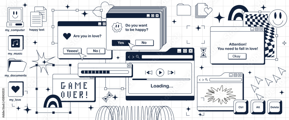 The black-and-white interface of an old computer of the 90s, 2000s ...