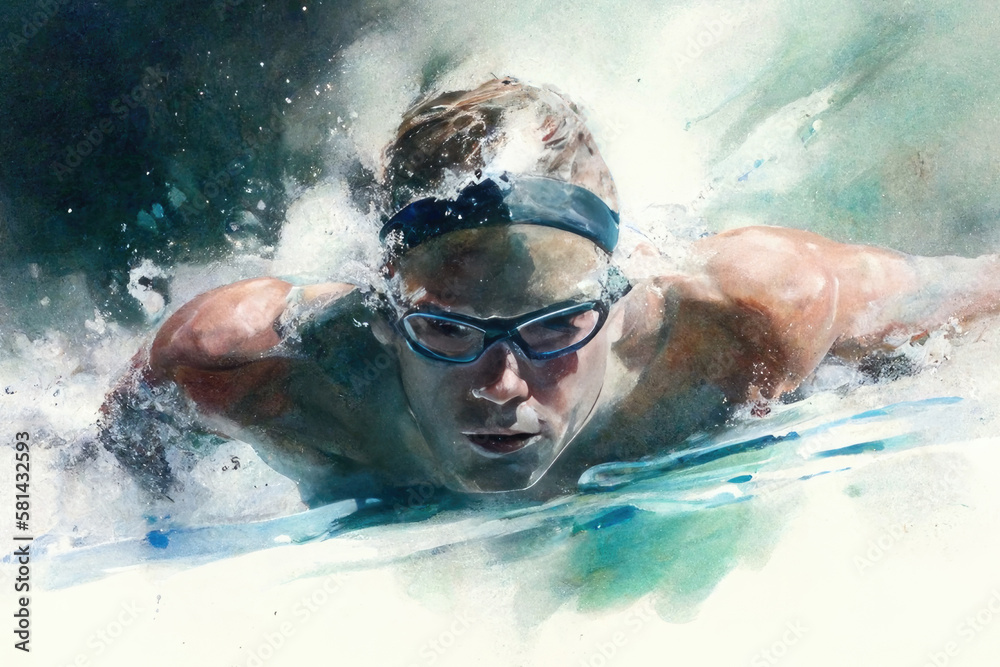 Male swimmer underwater front view, watercolor painting, created with ...
