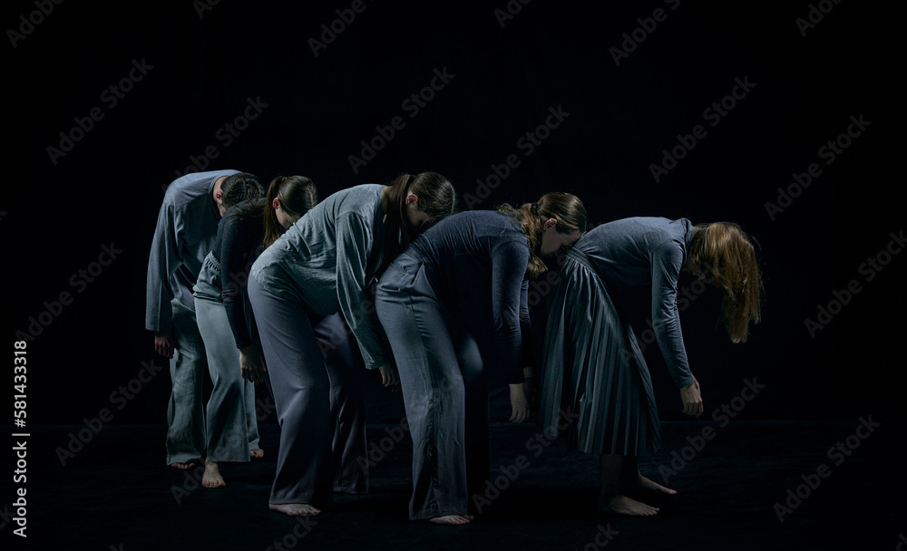 Blind following. Expression of inner world. Group of young people ...