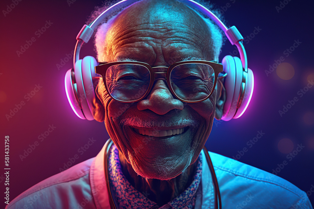 Grandpa listens to music. Cool grandfather wearing headphones listening ...