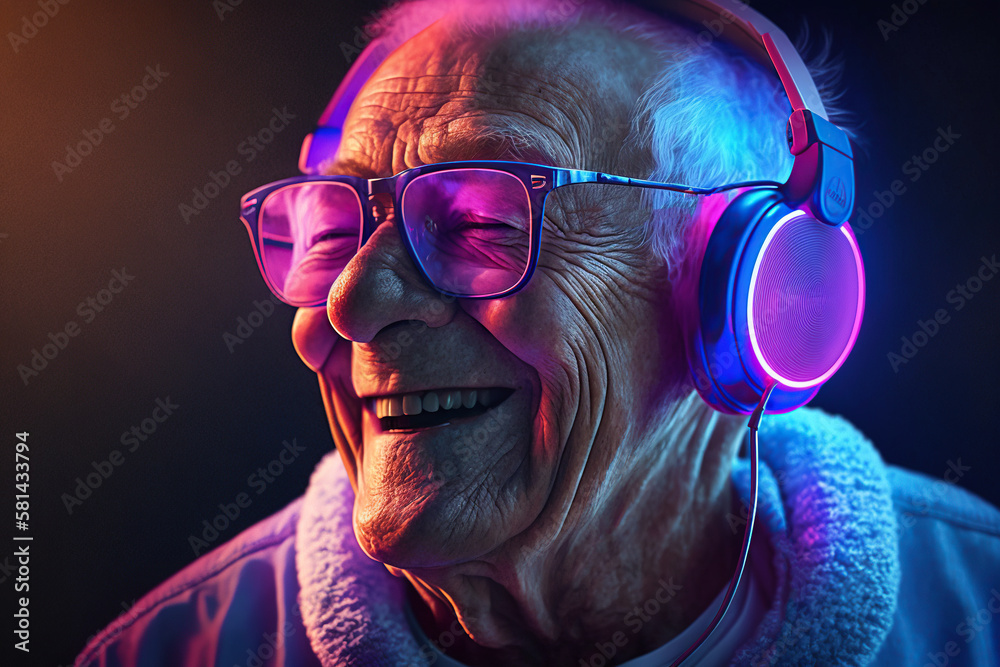 Grandpa listens to music. Cool grandfather wearing headphones listening ...