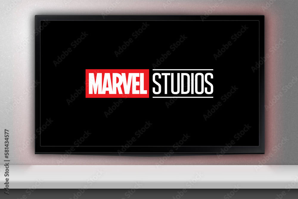 Marvel Studios logo on TV screen. Moscow, Russia - March, 2023. Stock ...