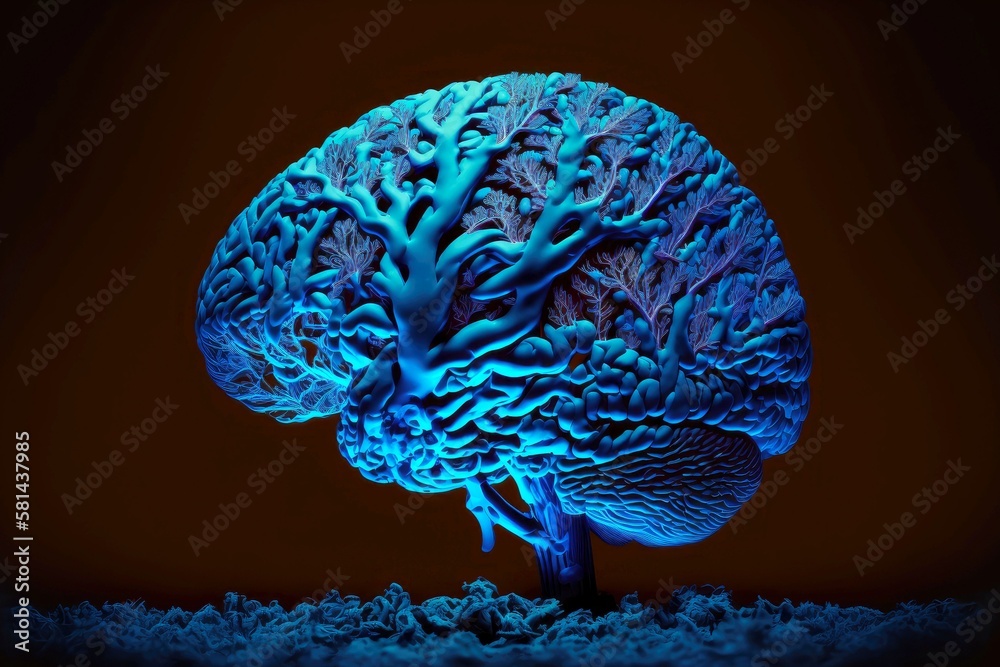 dark background with illuminated model of brain in blue tones, created ...