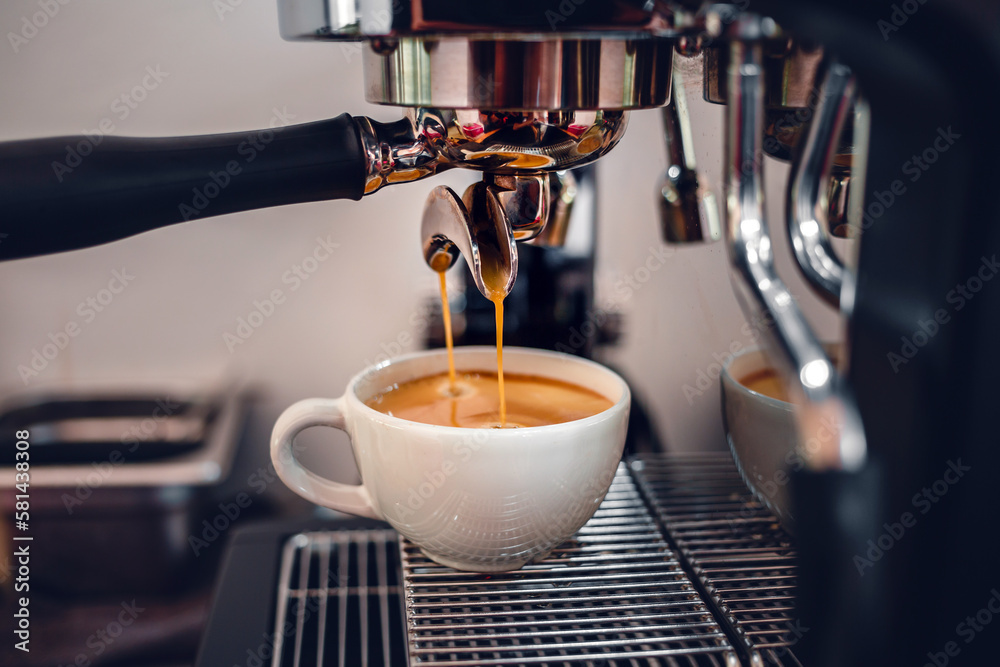 Espresso coffee extraction from a professional coffee machine with a ...