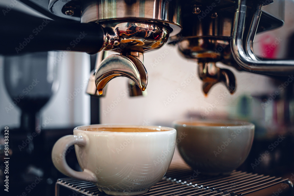 Espresso coffee extraction from a professional coffee machine with a ...