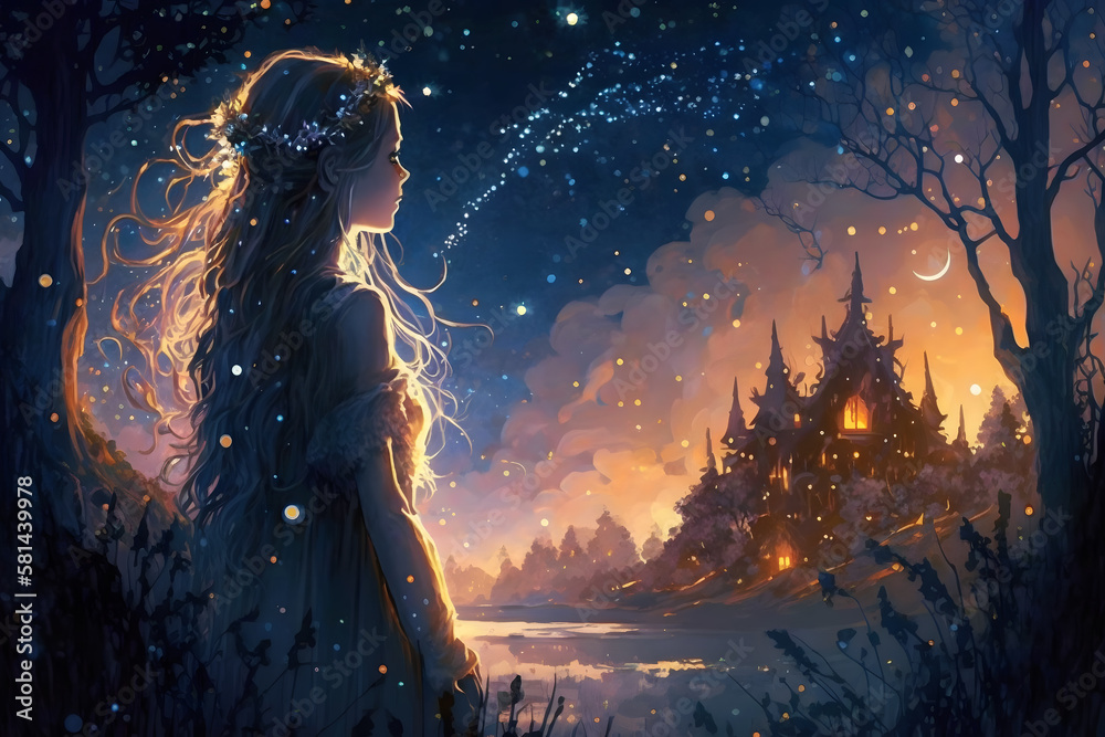 Magic fairy tale night fantasy landscape with girl silhouette. Neural ...