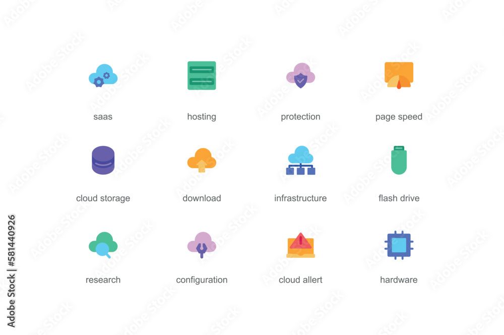 Cloud computing concept of web icons set in color flat design. Pack of ...