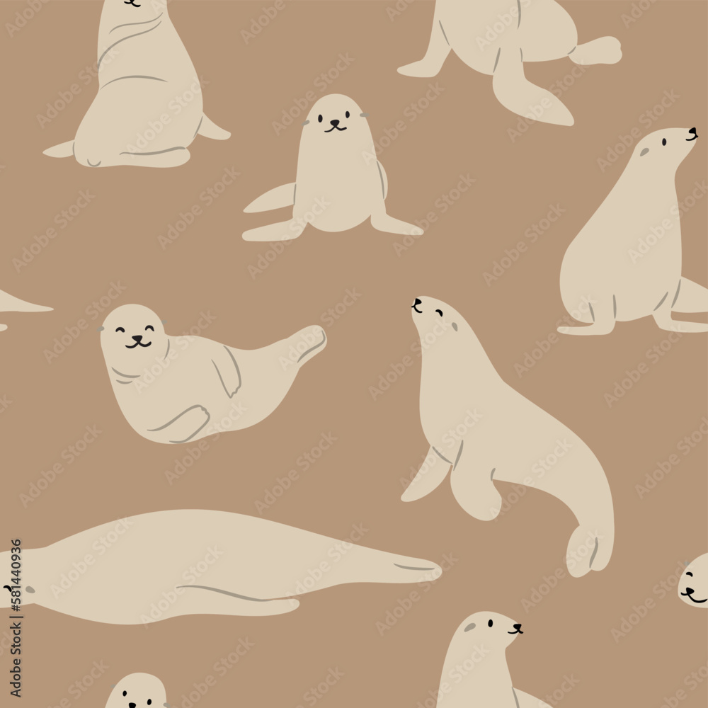 coastal seamless pattern, flying seagull digital paper, sea lion ...