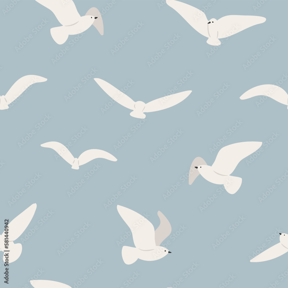 coastal seamless pattern, flying seagull digital paper, sea lion ...