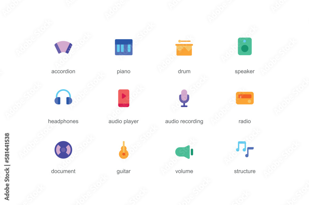 Music concept of web icons set in color flat design. Pack of accordion ...