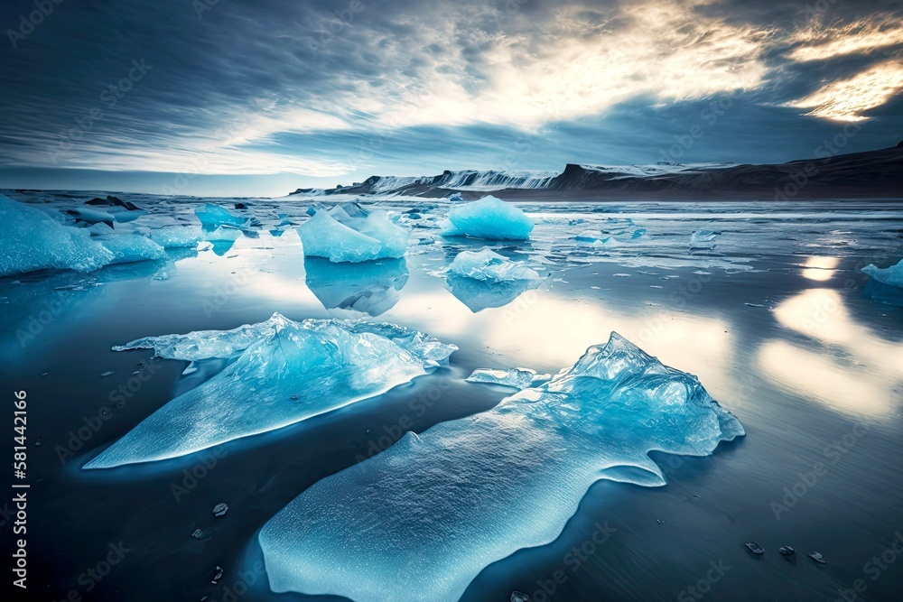 transparent blue ice floes float in ocean water off coast of iceland ...