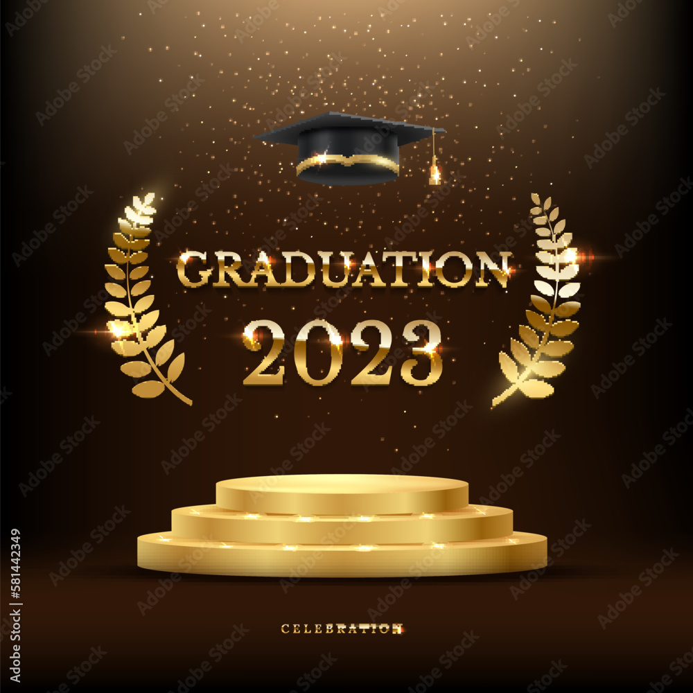 2023 graduation ceremony square banner. Award concept with academic hat ...