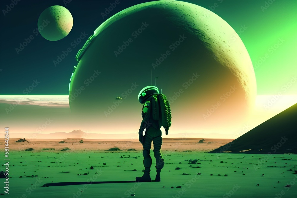Soldier stands against backdrop of spaceship landing on an alien planet ...