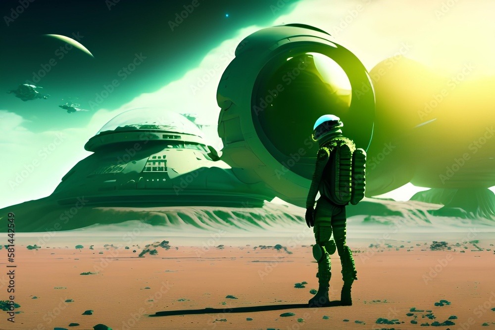 Soldier stands against backdrop of spaceship landing on an alien planet ...