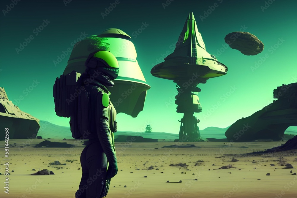Soldier stands against backdrop of spaceship landing on an alien planet ...