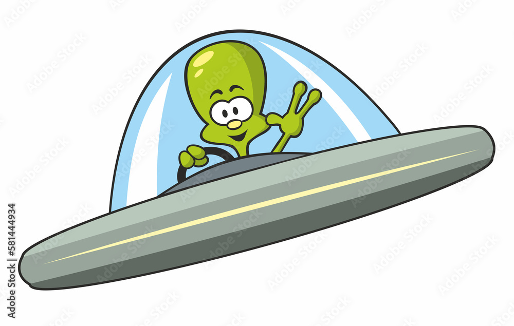 Cartoon mit Ufo und grüner, ausserirdischer Comicfigur Stock ...